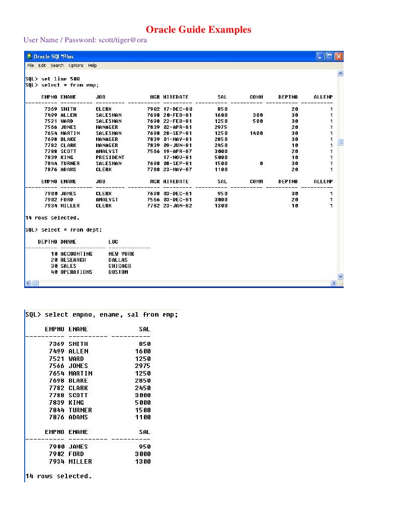 Oracle Guide Examples: User Name / Password: Scott/tiger@ora | PDF ...