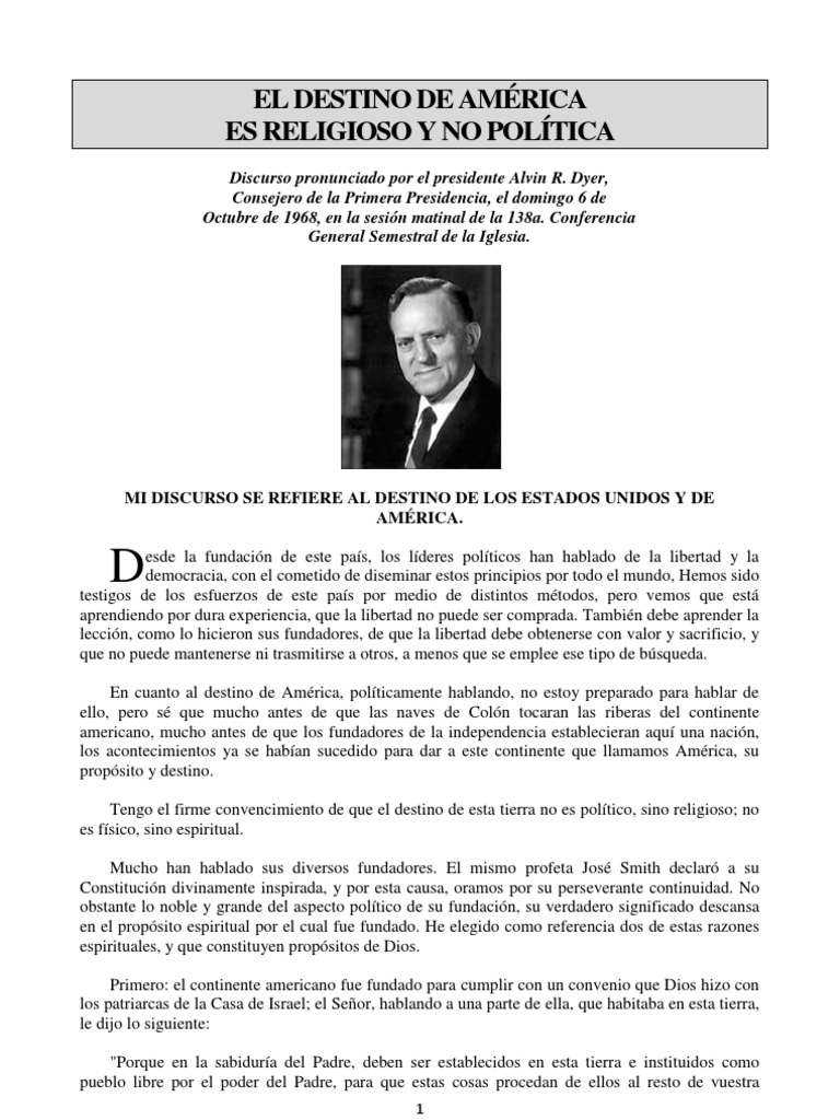 El Destino de America Es Religioso y No Politica Presidente Alvin R ...