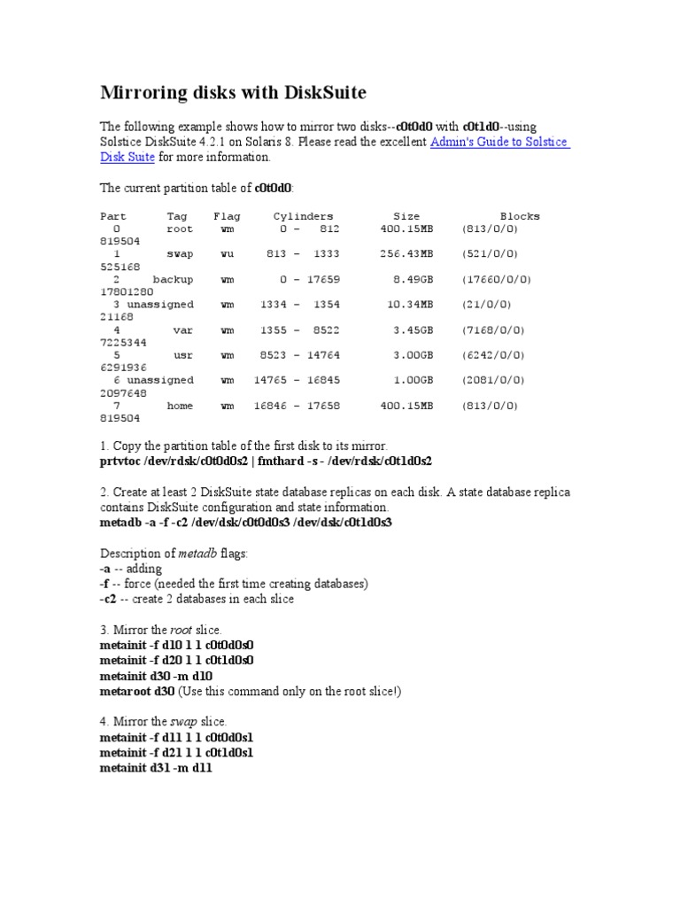 Mirroring Disks With Disksuite: Admin'S Guide To Solstice Disk Suite | PDF | Information ...