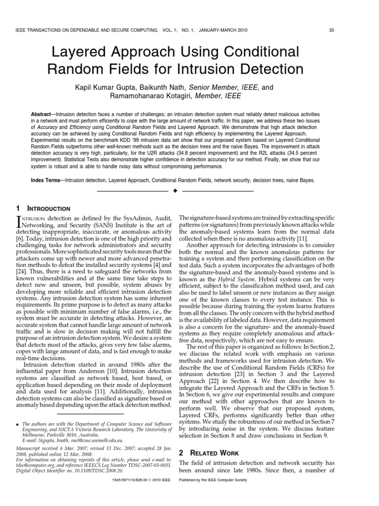 Layered Approach Using Conditional Random Fields For Intrusion Detection Pdf Cluster