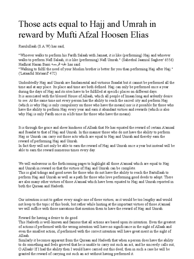 Those Acts Equal To Hajj and Umrah in Reward by Mufti Afzal Hoosen ...