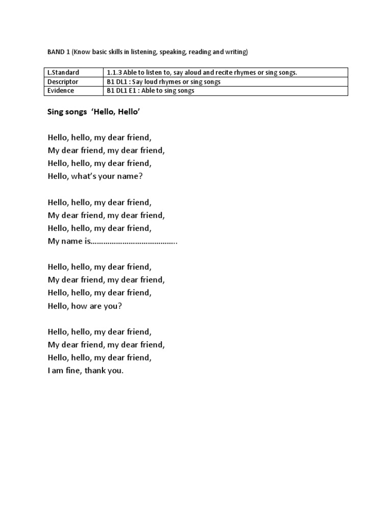 Sing Songs Hello, Hello' | PDF | Syllable | Human Voice