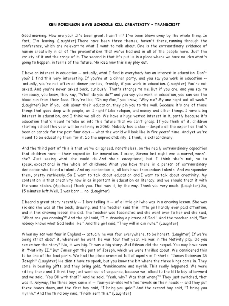 Transcript - Ken Robinson Says Schools Kill Creativity | PDF | Intelligence