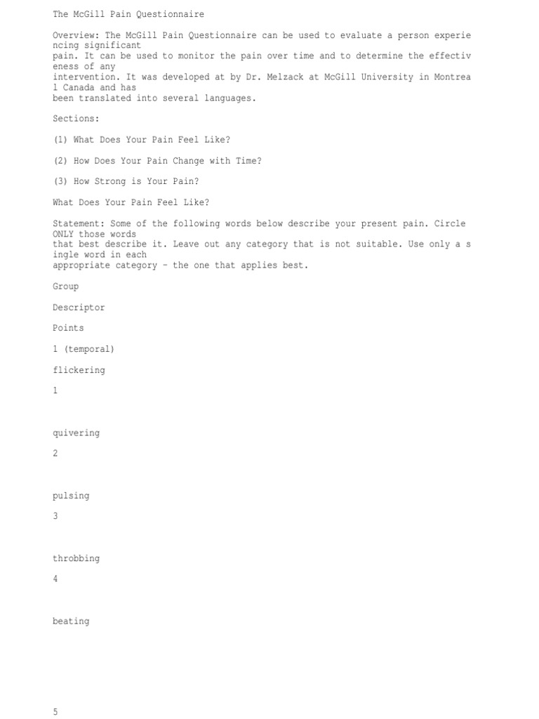 McGill Pain Questionnaire | PDF | Pain | Symptoms And Signs: General