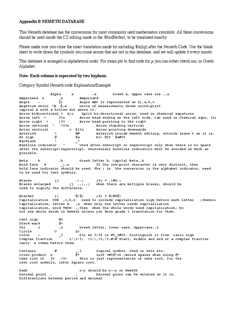 Appendix B Nemeth Database | PDF | Letter Case | Bracket