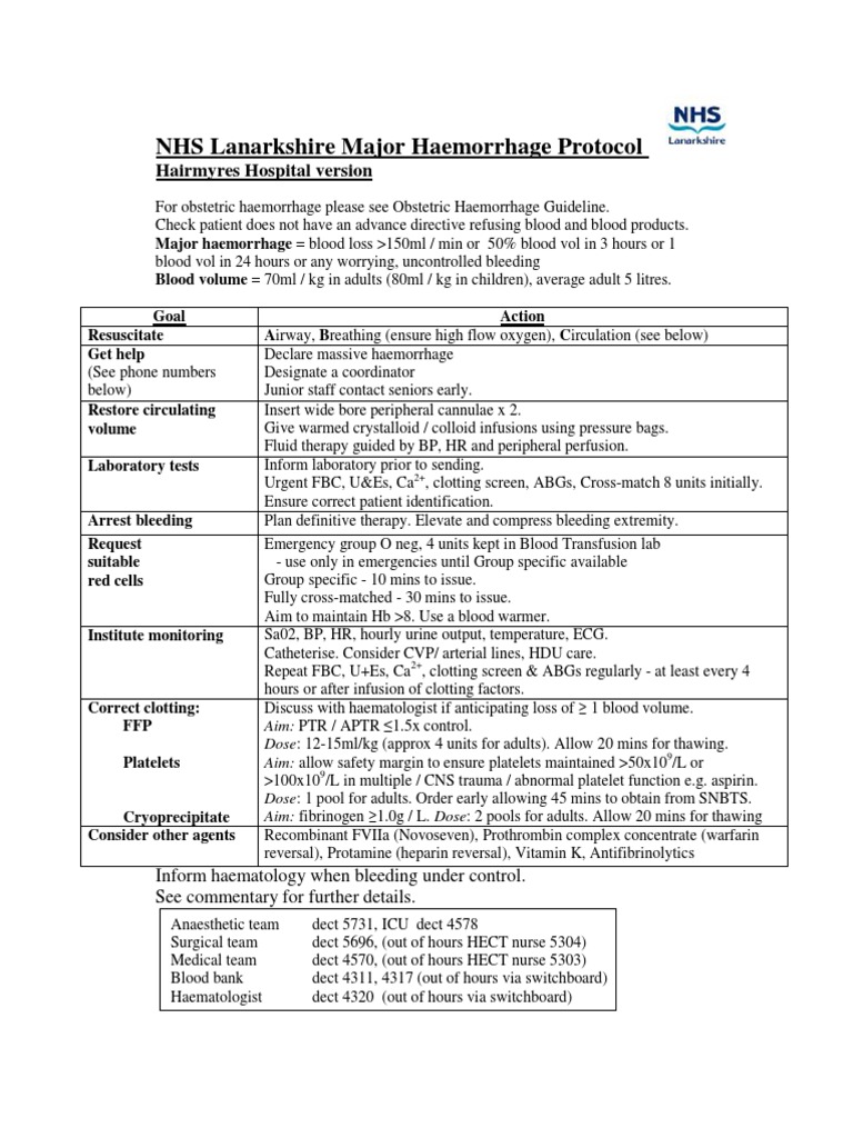 NHS Lanarkshire Major Haemorrhage Protocol | PDF | Bleeding ...