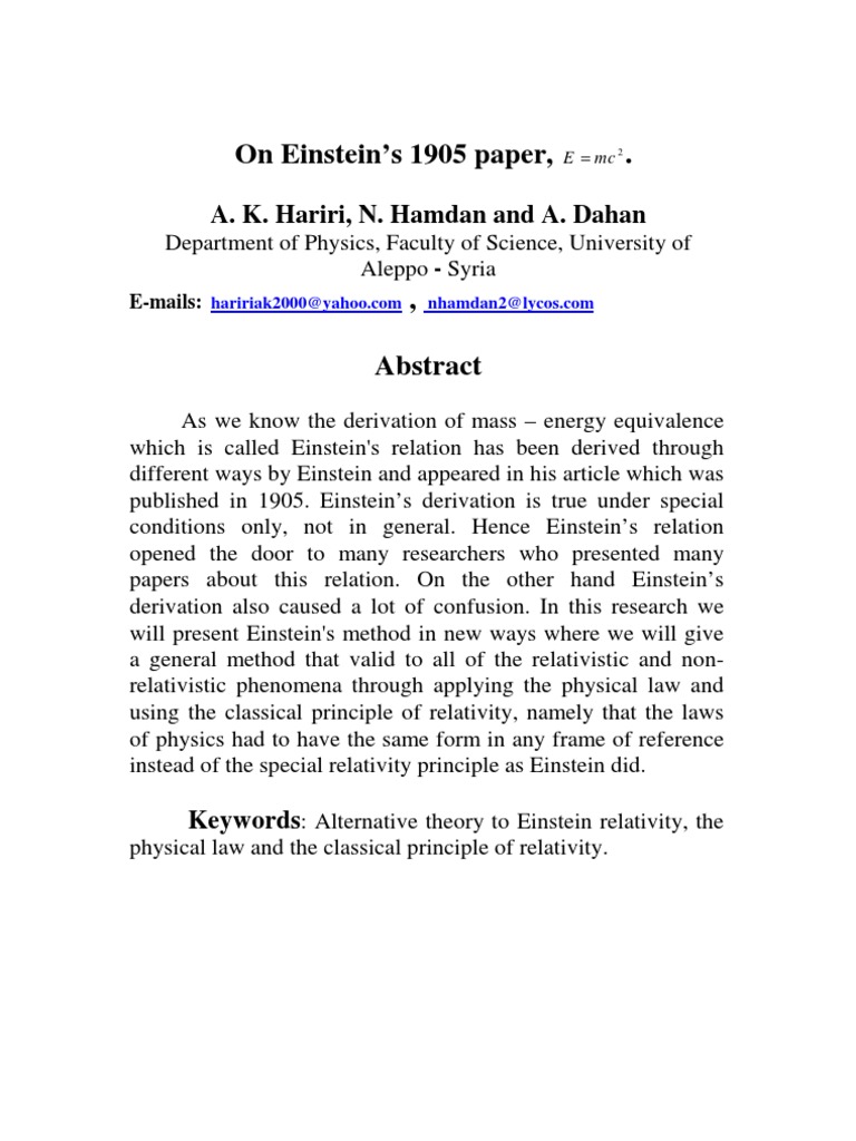on einstein’s 1905 paper | Special Relativity | Momentum