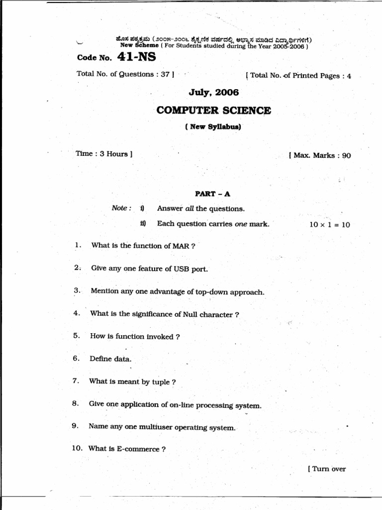 2nd Puc Computer Science Question Papers 2006 To 2011 C Programming Language Data Type 
