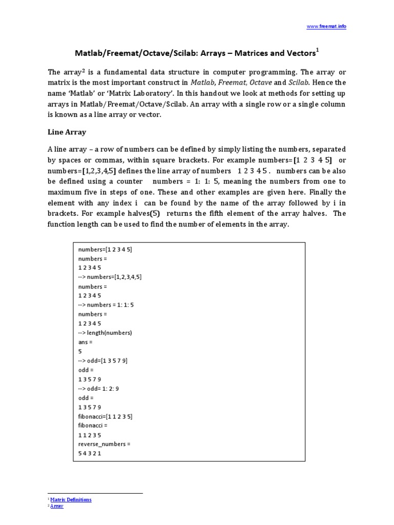Arrays - Matrices and Vectors in Matlab, Freemat, Octave and Scilab by WWW - Freemat.info | PDF ...