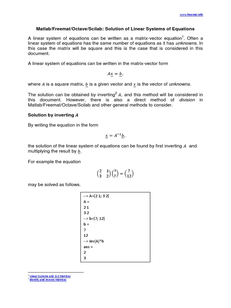 Solution Of Linear Systems Of Equations In Matlab Freemat Octave And Scilab By Freemat