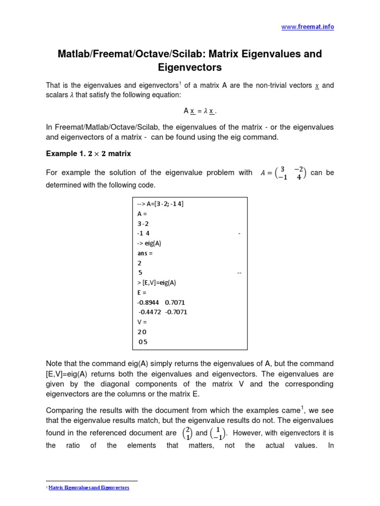 Matrix Eigenvalues and Eigenvectors in Matlab, Freemat and Octave by ...