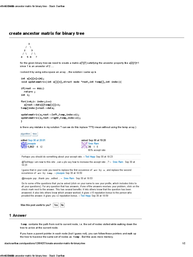 Algorithm - Create Ancestor Matrix For Binary Tree - Stack Overflow ...