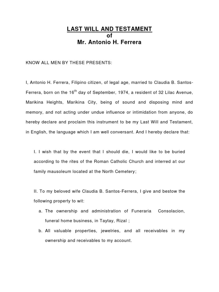 Last Will and Testament Sample | PDF | Will And Testament | Social ...