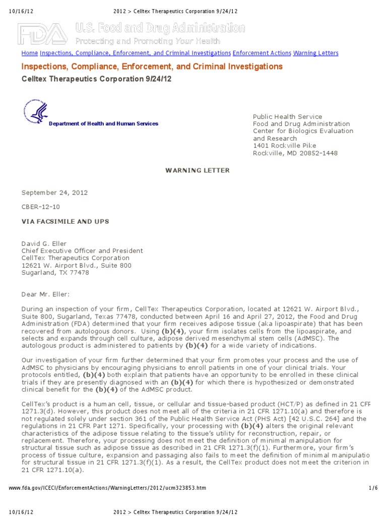 Celltex Therapeutics Corporation-FDA Warning Letter - 9-24-12 | PDF ...