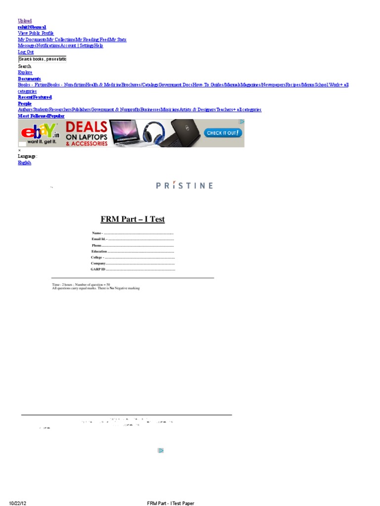 FRM Part - I Test Paper | PDF