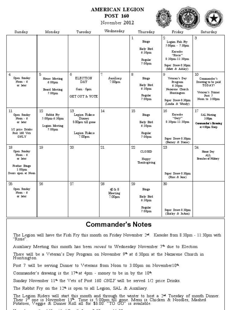 Legion Calendar Nov 2012 | PDF | Western Cuisine | Regional & Ethnic Food