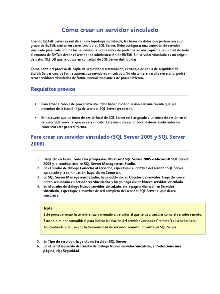 Cómo Crear Un Servidor Vinculado | PDF | Servidor SQL de Microsoft | Servidor (Computación)