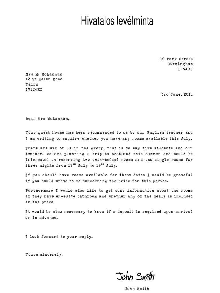 ANGOL Levélminta HIVATALOS LEVÉL