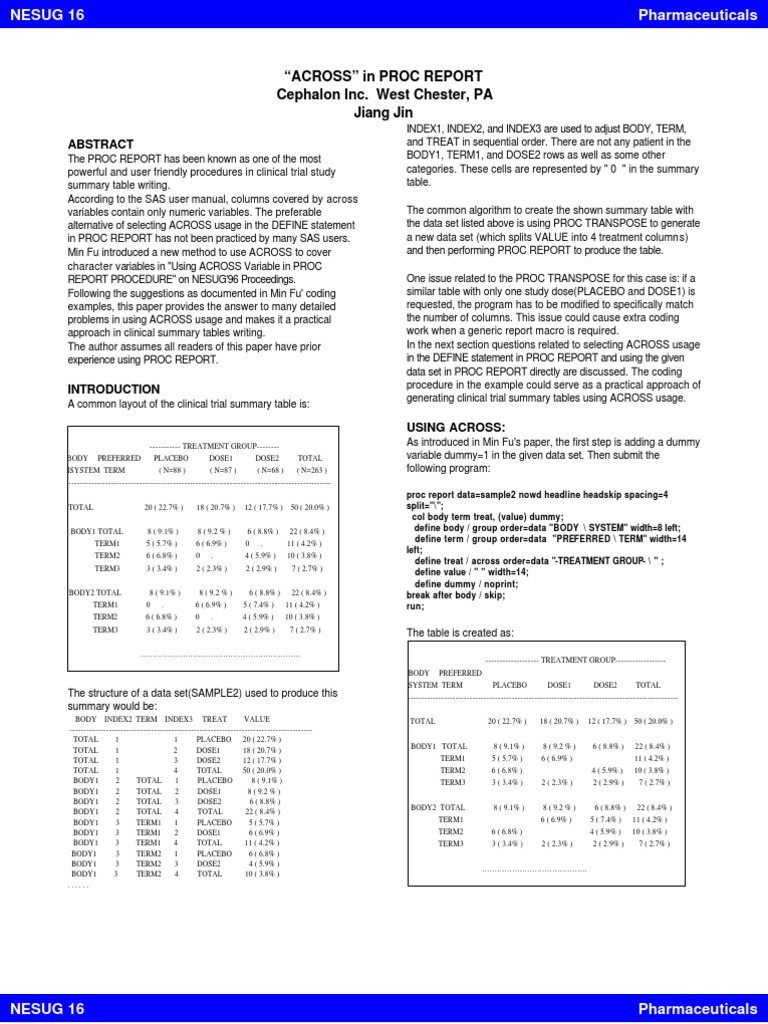 Across in Proc Report | PDF | Sas (Software) | Clinical Trial