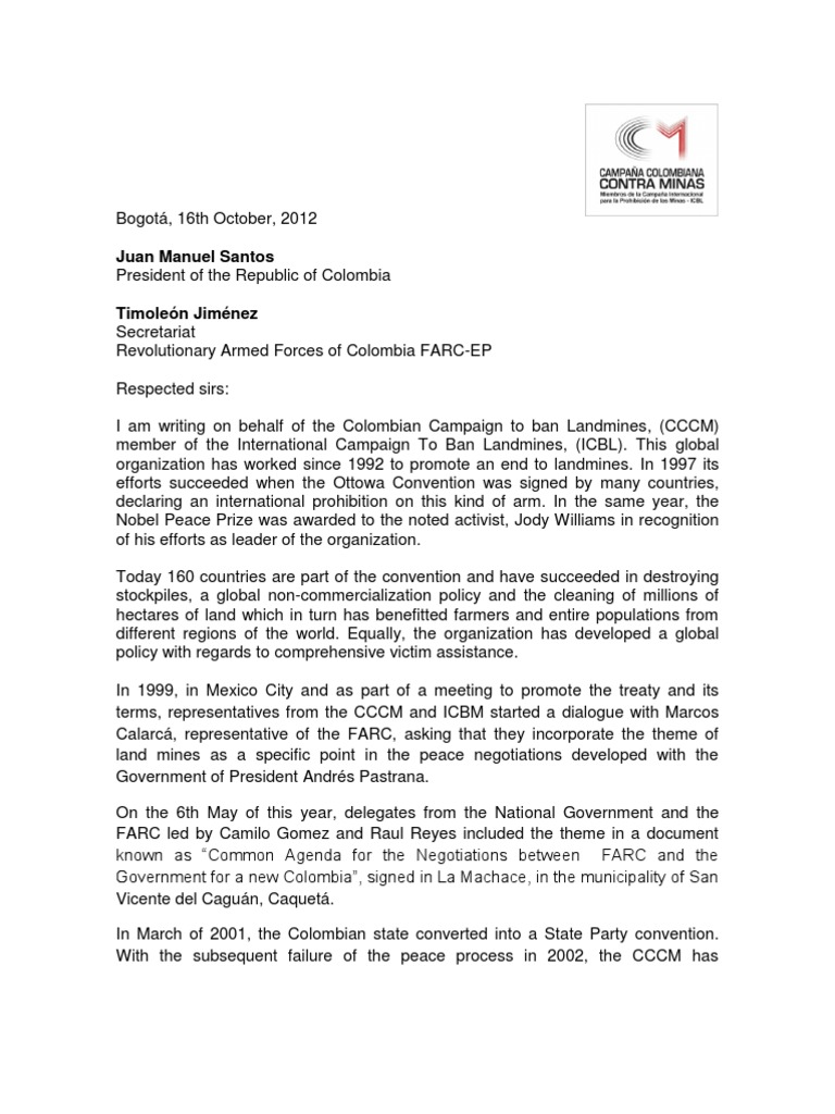 President and FARC Letter | PDF | Farc | Land Mine