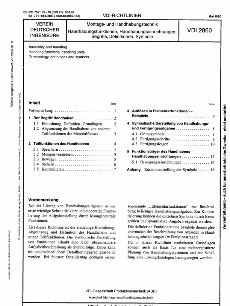 (VDI) - VDI 2860 - Montage Und Handhabungtechnik | PDF
