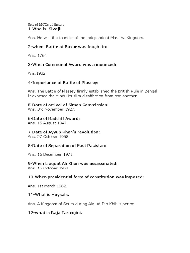Solved MCQs of History | PDF | Mughal Empire | All India Muslim League