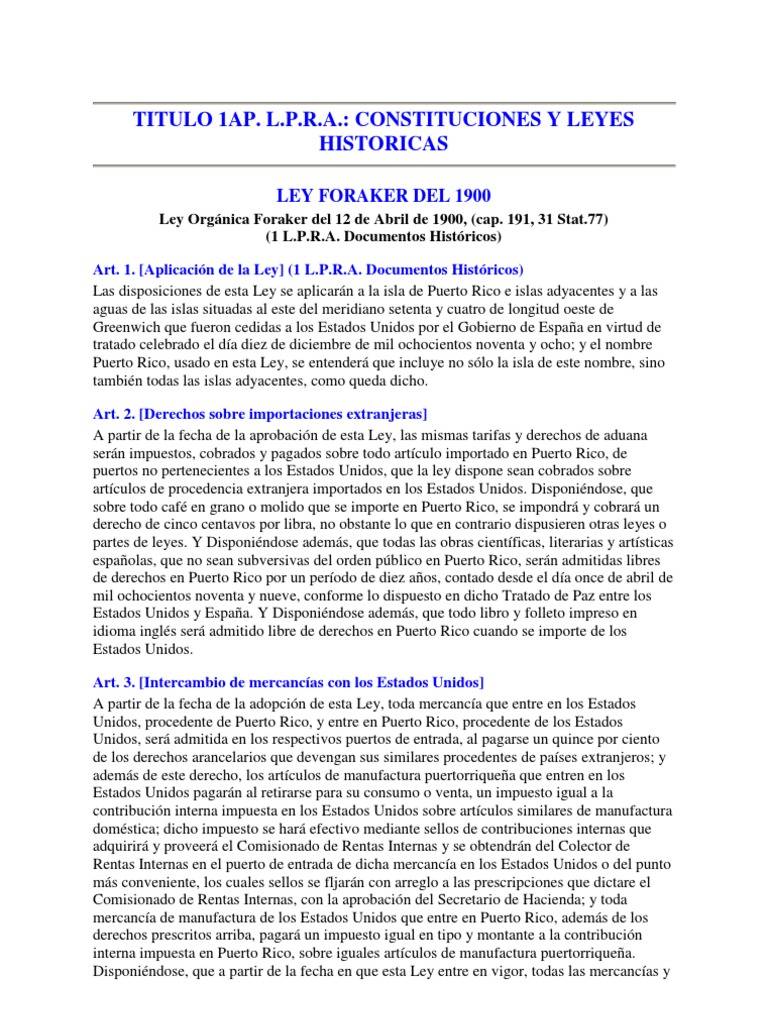 Ley Foraker (1900) | PDF | Puerto Rico | Cortes Generales