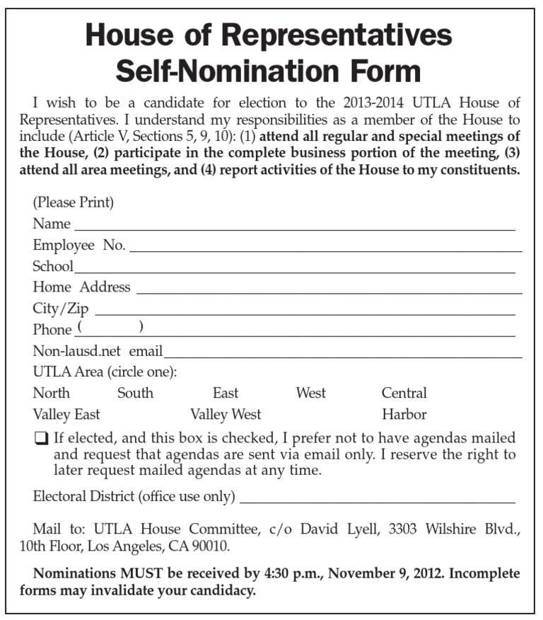 UTLA House of Reps Self Nomination Form | PDF | Employment | Teachers