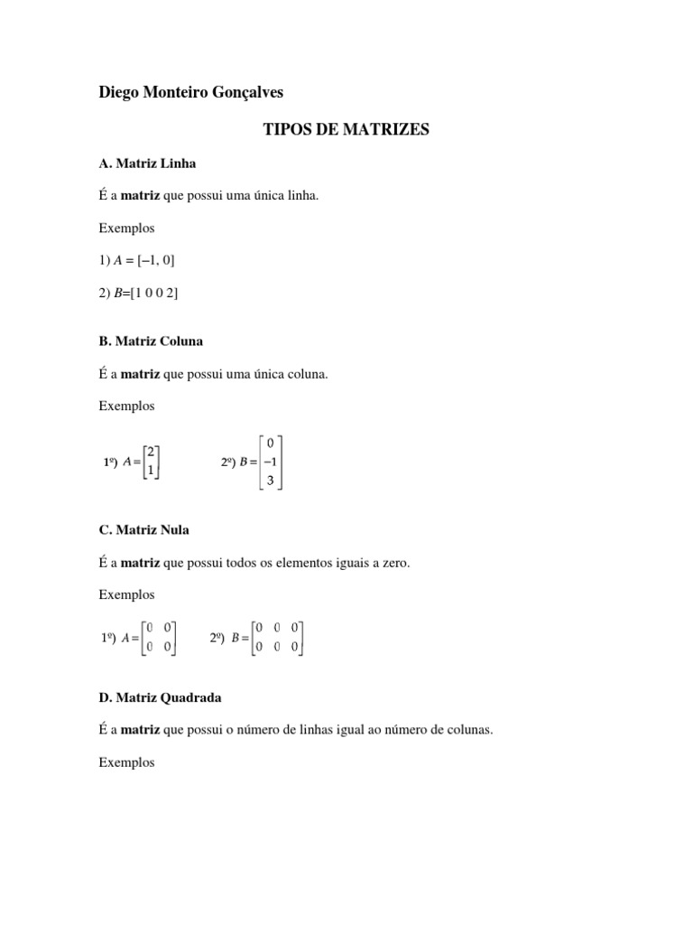 Tipos de Matrizes | PDF | Matriz (Matemática) | Teoria da Matrix