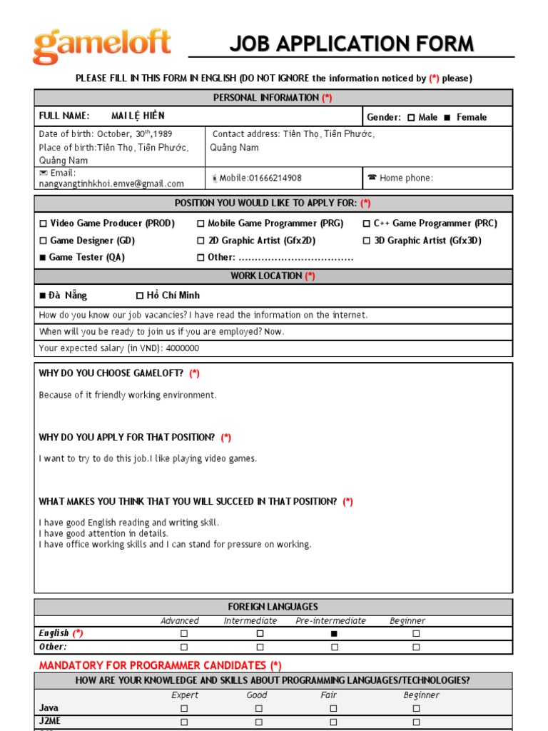 Gameloft Job Application Form | PDF | Video Games | Programmer
