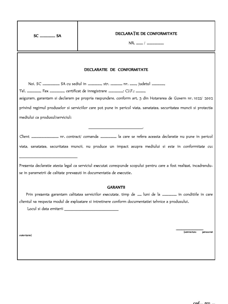 Declaratie Conformitate Cu Garantii