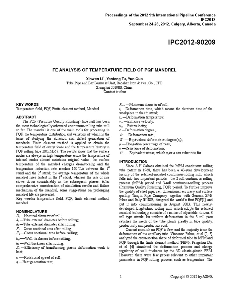Fe Analysis of Temperature Field of PQF Mandrel: Xinwen Li, Yanfeng Tu ...