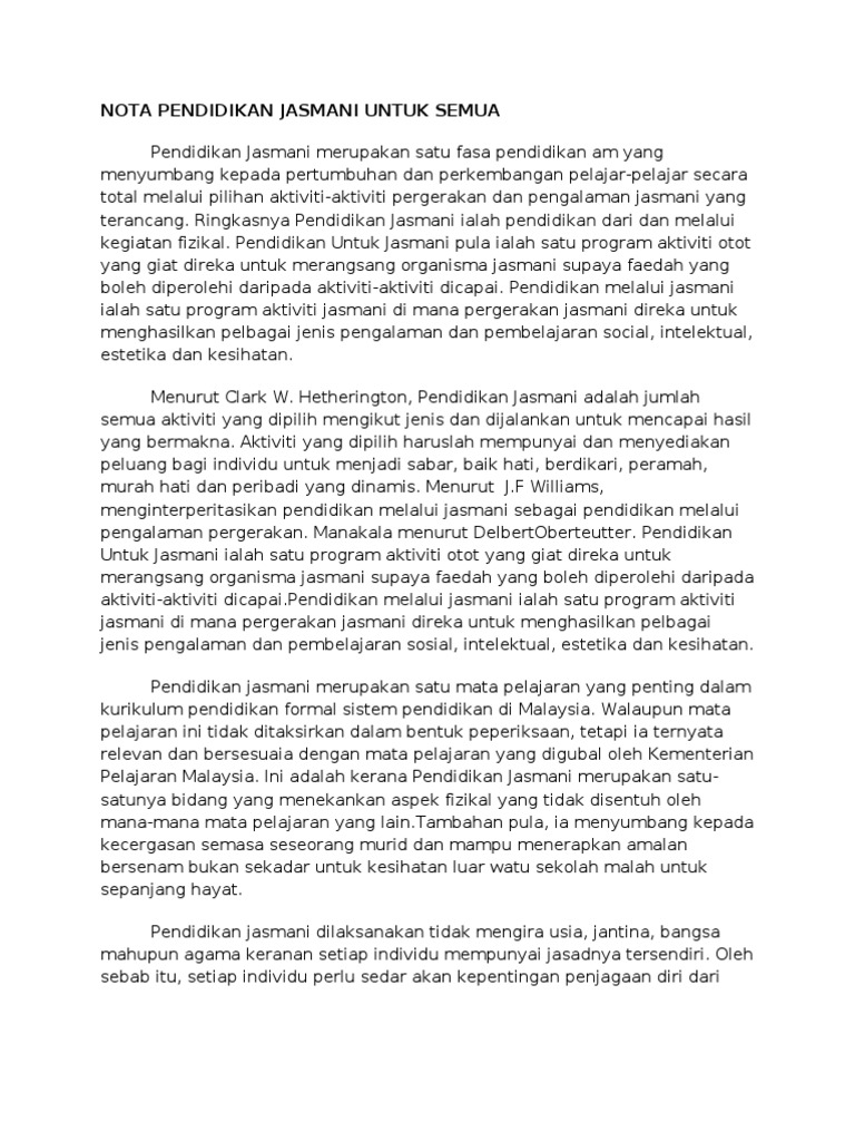 Nota Pendidikan Jasmani Untuk Semua | PDF