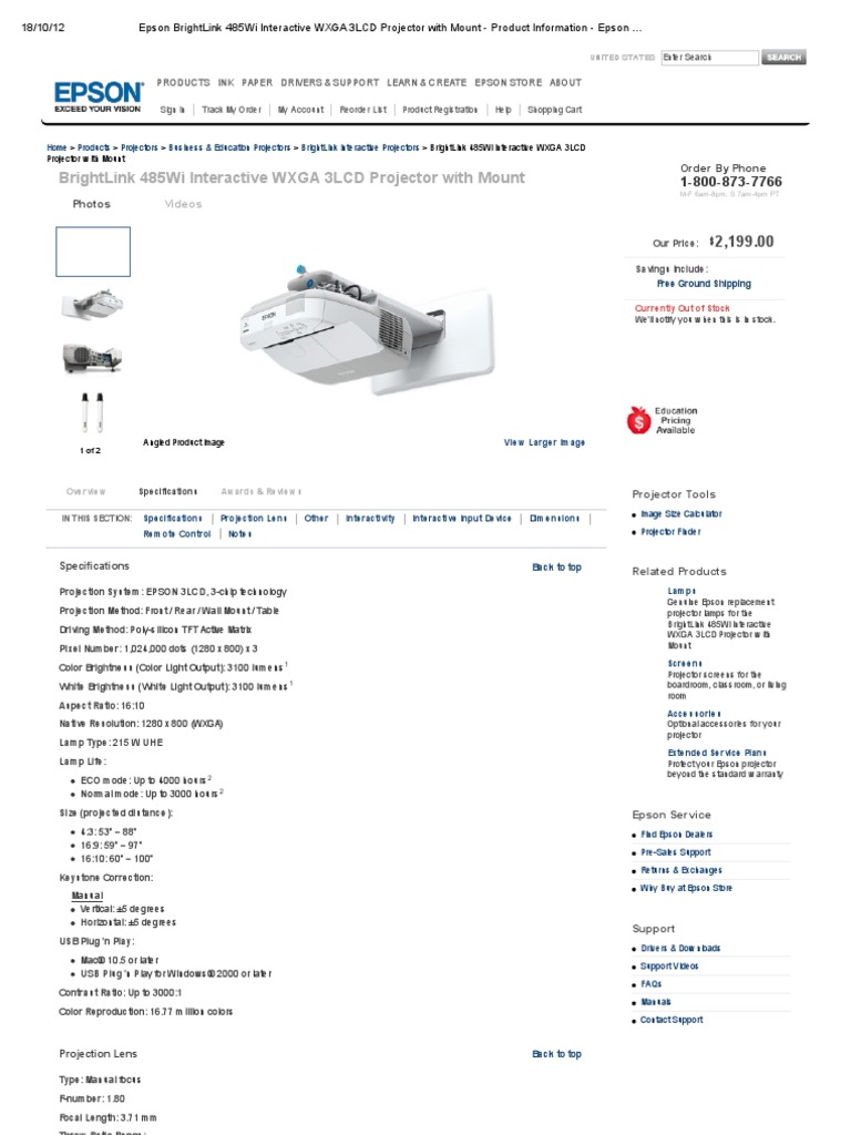 Epson BrightLink 485wi Interactive WXGA 3LCD Projector With Mount | PDF ...