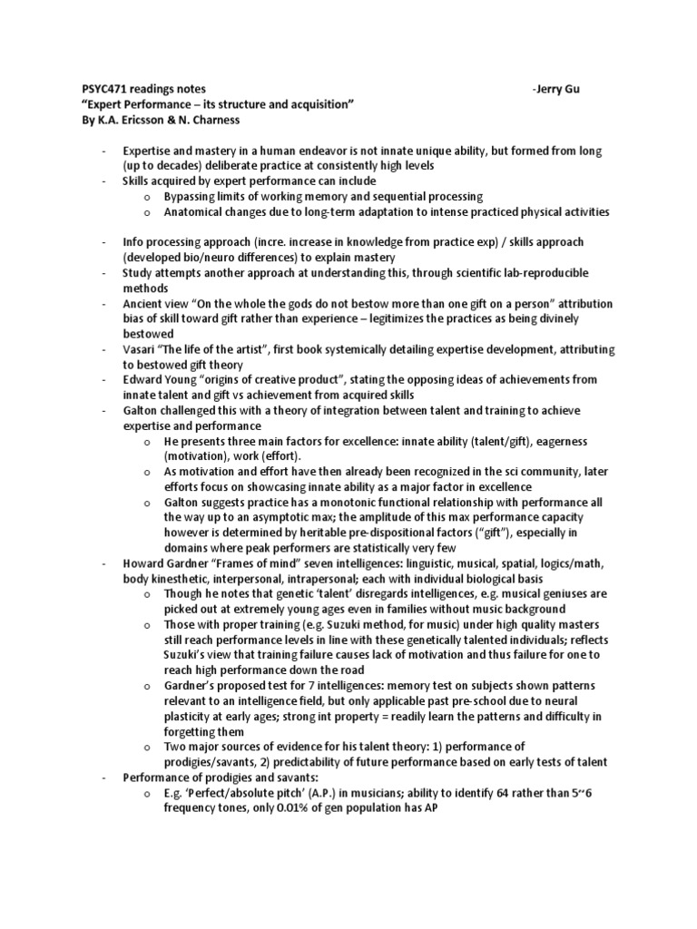 PSYC471 Readings Notes - Jerry Gu "Expert Performance - Its Structure ...