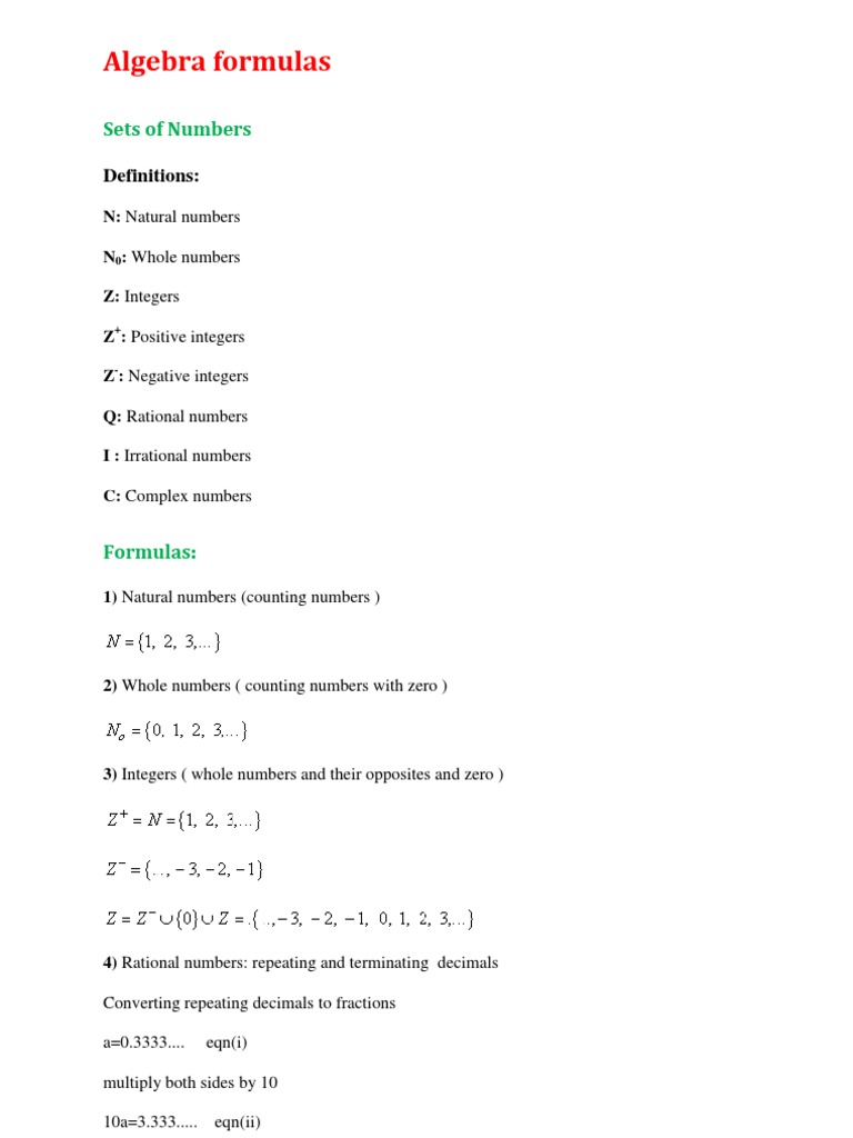 Algebra Formulas: Sets of Numbers | PDF