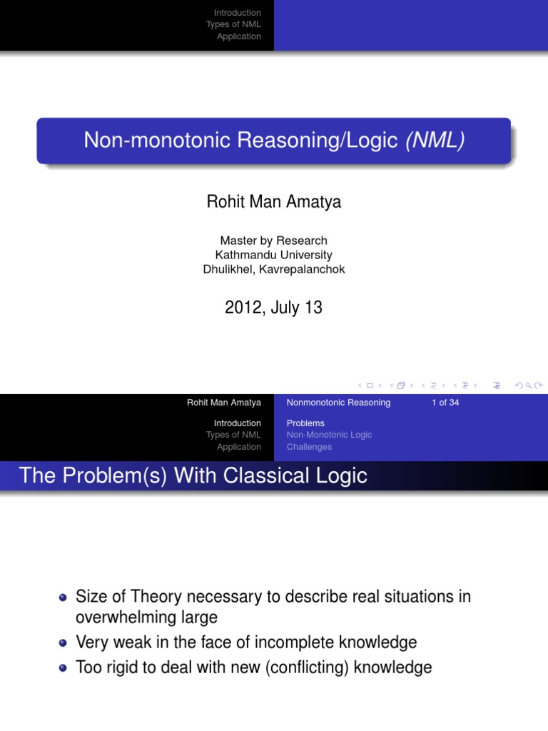 Non-Monotonic Reasoning/Logic (NML) : Rohit Man Amatya | PDF | Inference | Logic