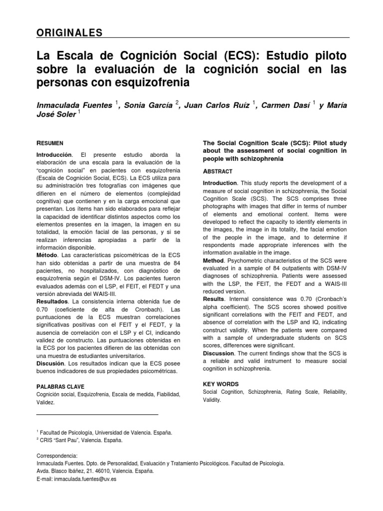 La Escala de Cognición Social (ECS) : Estudio Piloto Sobre La ...