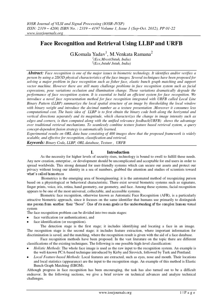 Face Recognition and Retrieval Using LLBP and URFB: G.Komala Yadav, M.Venkata Ramana | PDF ...