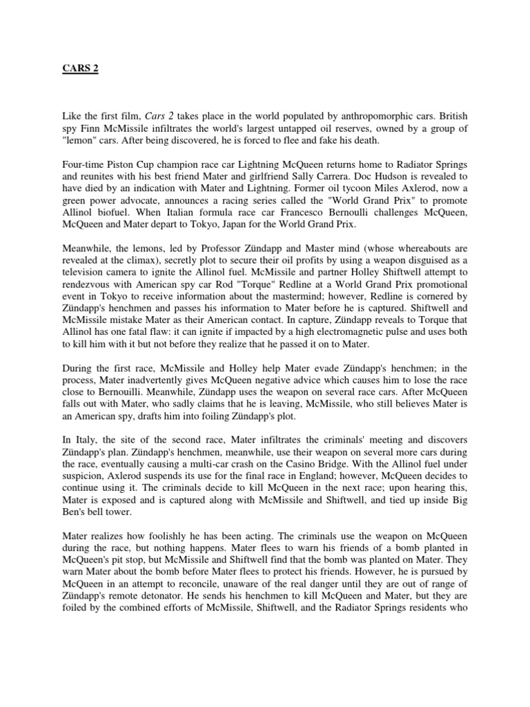 Cars 2 Story | PDF | Leisure | Violence