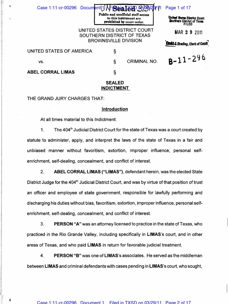 US v. Judge Abel Limas, RICO Indictment, Texas Court Corruption, 1.11 ...