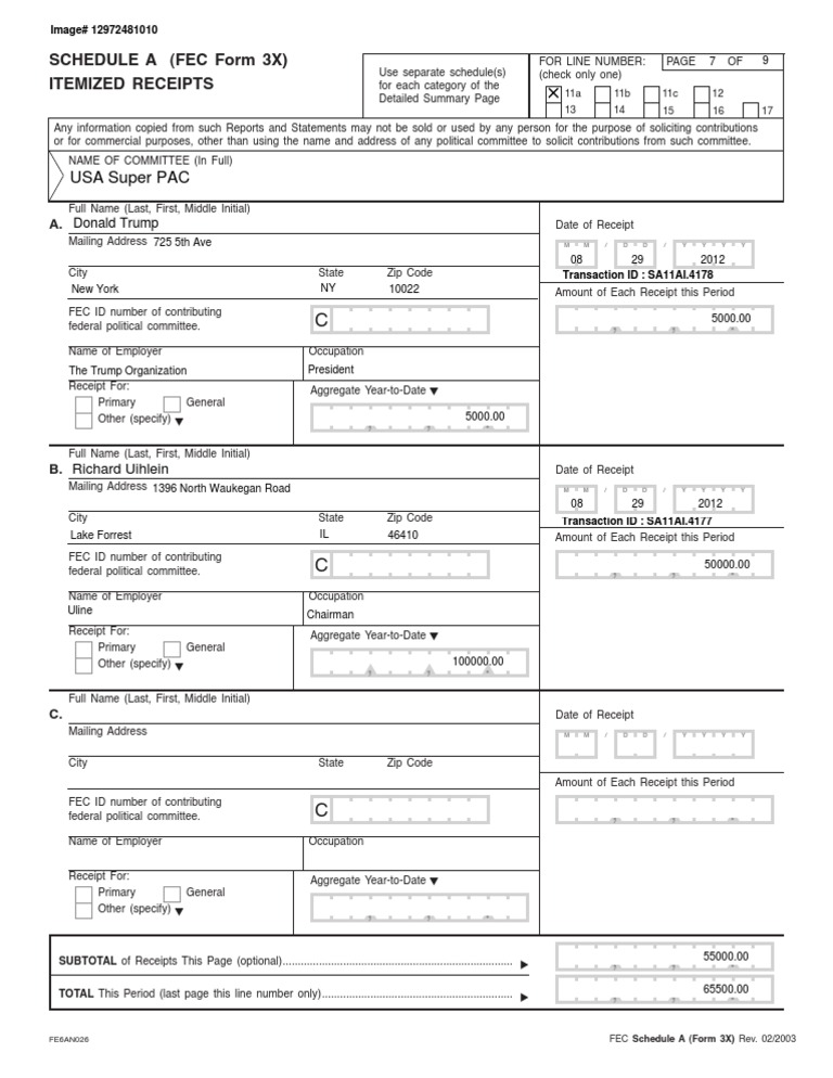 Usa Super Pac: Schedule A (Fec Form 3X) Itemized Receipts | PDF