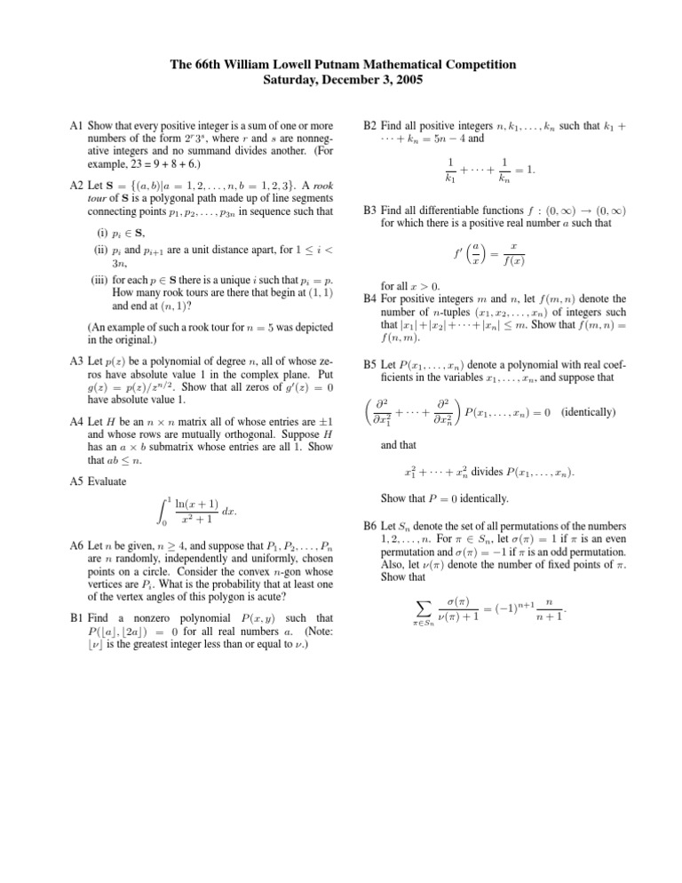 The 66th William Lowell Putnam Mathematical Competition Saturday ...