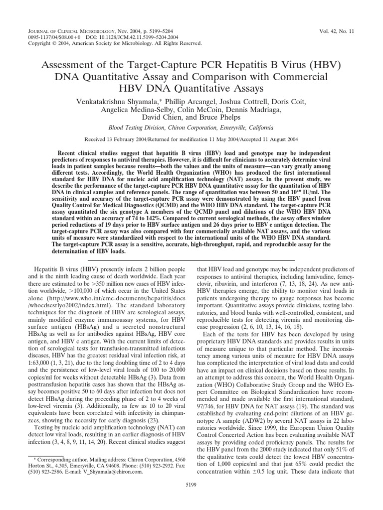 Assessment of The Target-Capture PCR Hepatitis B Virus (HBV) DNA ...