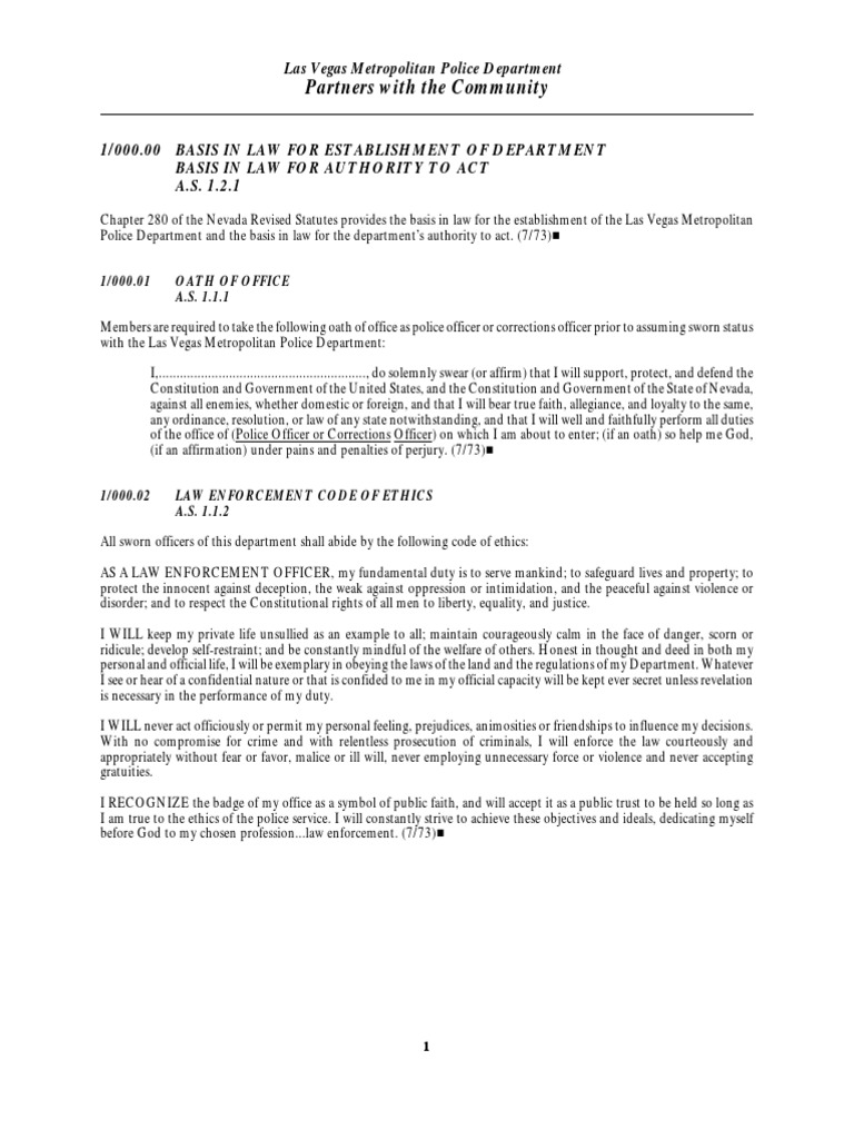 LasVegas - PoliceDept. Manual 7-14-07 / Las Vegas Metropolitan Police ...