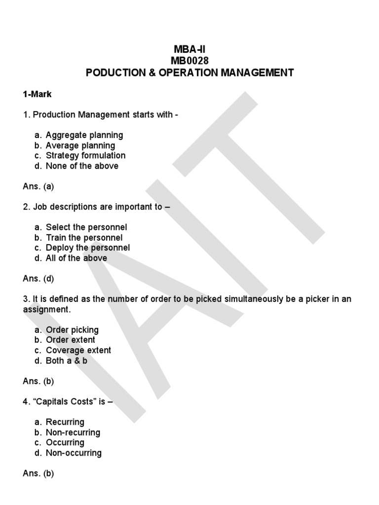 Smu Mba Poduction & Operation Management Semester2 Questionpaper | PDF ...