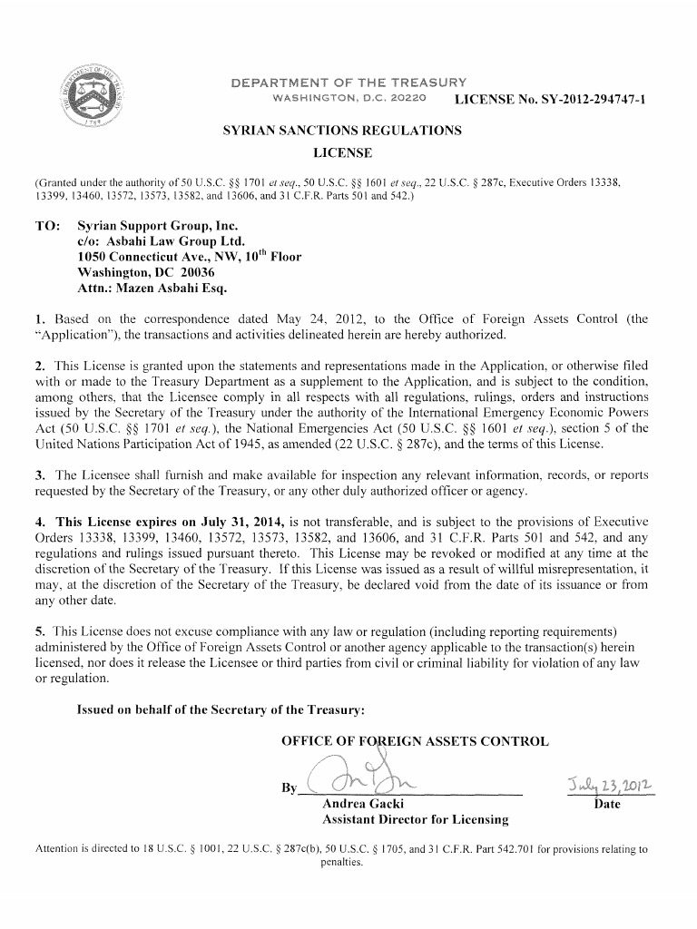 Syrian Support Group OFAC License | PDF | Office Of Foreign Assets ...