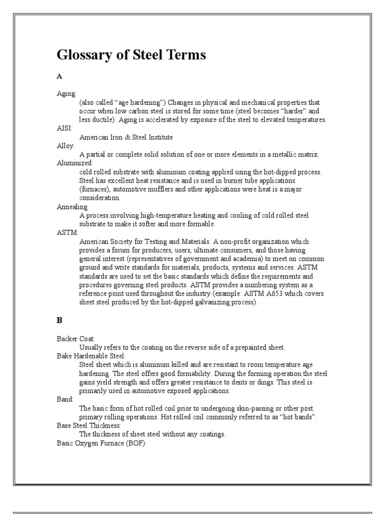 Steel Terminology Glossary | PDF | Rolling (Metalworking) | Steel