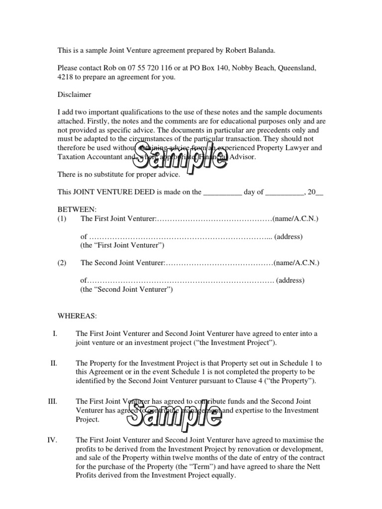Sample - JV Agreement | PDF | Joint Venture | Indemnity