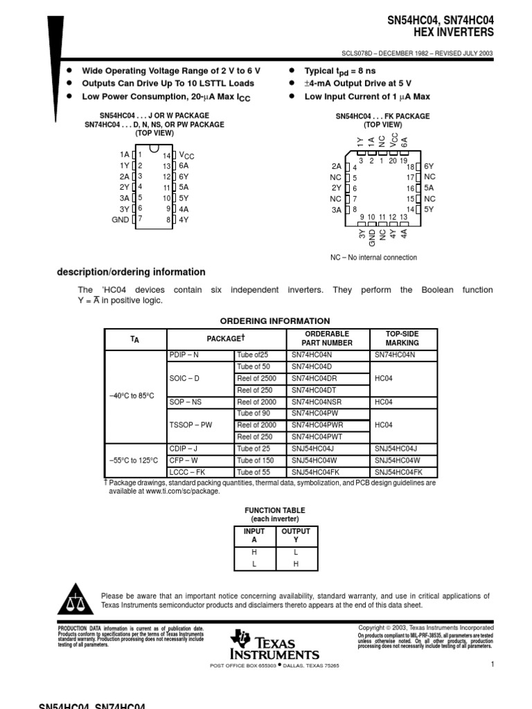 Datasheet SN74HC04 - Hex Inversor | License | Electronic Engineering